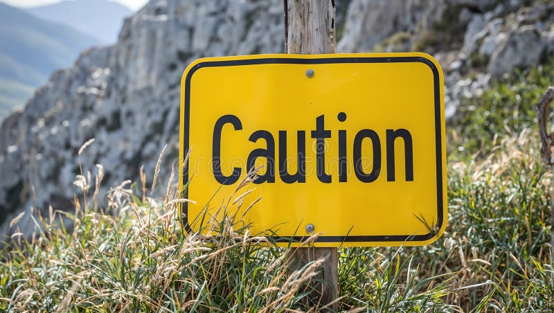 Caution Sign on Cliff Edge with Mountain Backdrop Stock Illustration ...