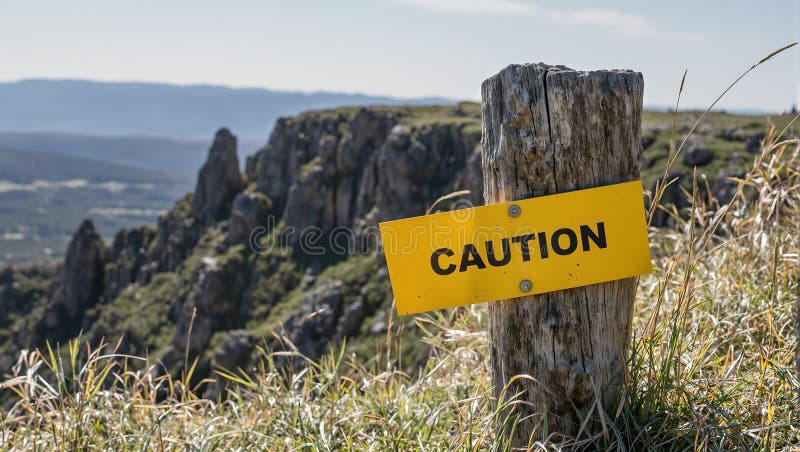 Caution Sign on Cliff Edge with Mountain Backdrop Stock Illustration ...