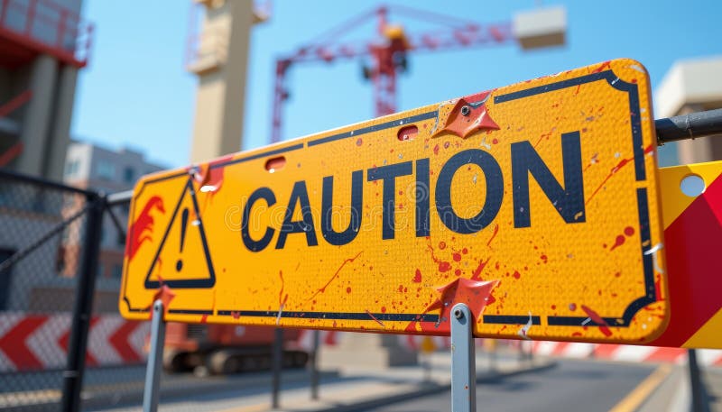 Caution Sign at Construction Site with Cranes and Machinery in ...