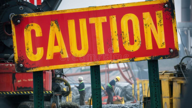 A Caution Sign with a Construction Worker in the Background, AI Stock ...