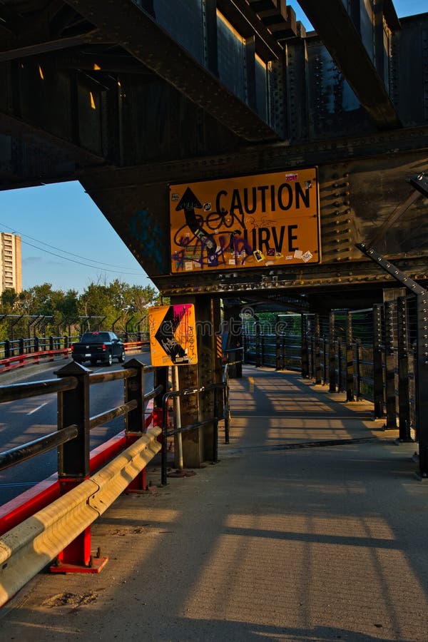 Caution Sign on the High Level Bridge Edmonton Alberta Stock Photo ...