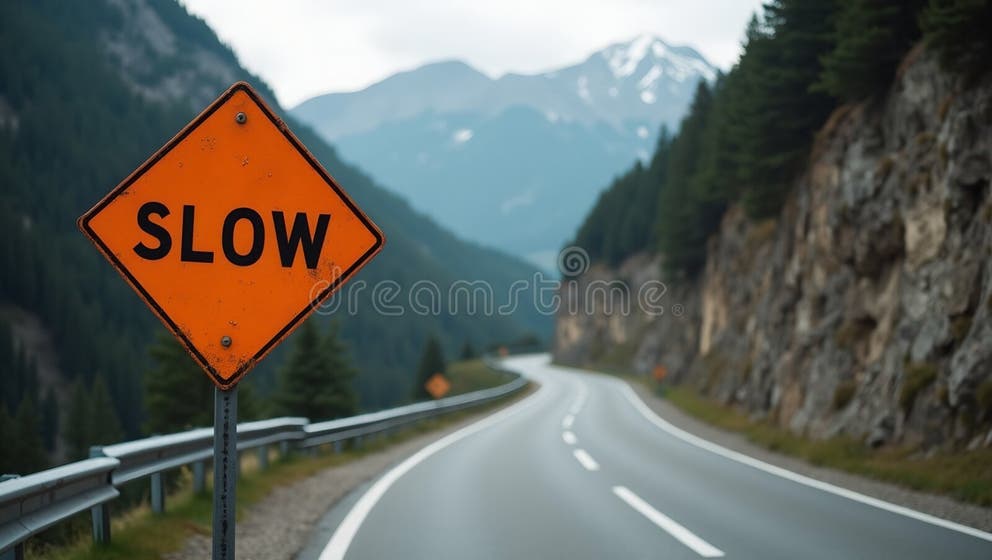 Caution Sign SLOW on Mountain Road with Cliffs Forest Stock ...