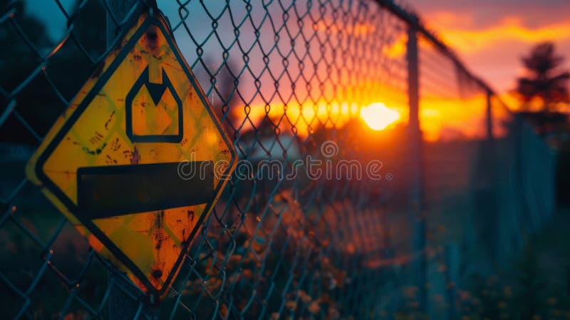 Caution Sign with a Warning Triangle Against a Sunset Backdrop, Seen ...