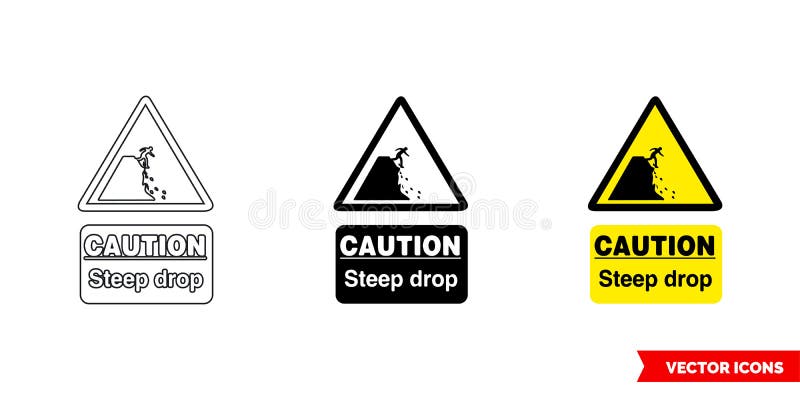 Caution Steep Drop Hazard Sign Icon of 3 Types Color, Black and White ...