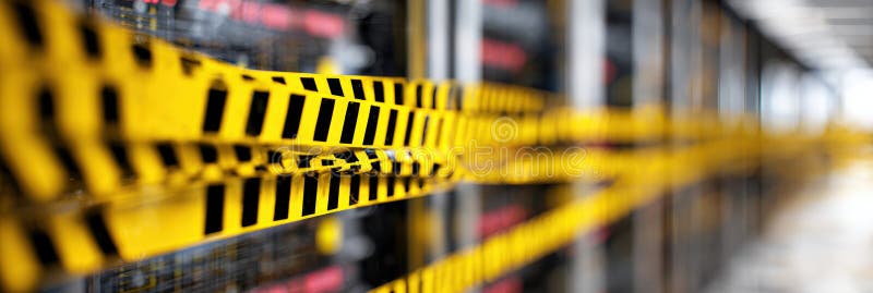 Caution Tape Surrounds Blurred System Logs in High-Tech Environment during Maintenance Work at ...