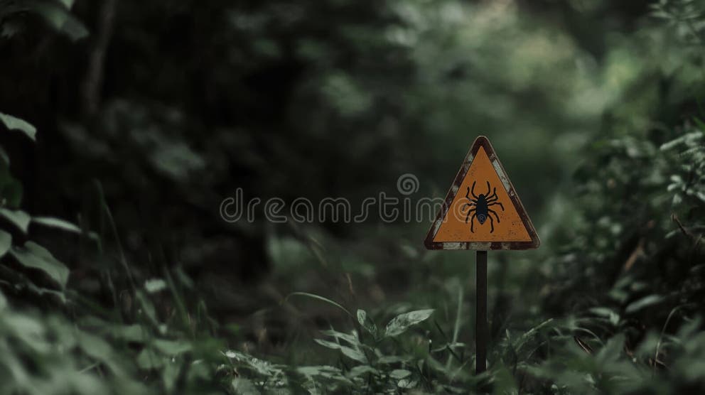 Danger Spider Alert Triangular Warning Sign Post among Plants Foliage ...
