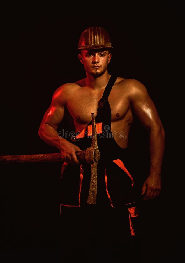 Caution, Under Construction. Muscular Man Worker. Man Miner with Mining ...