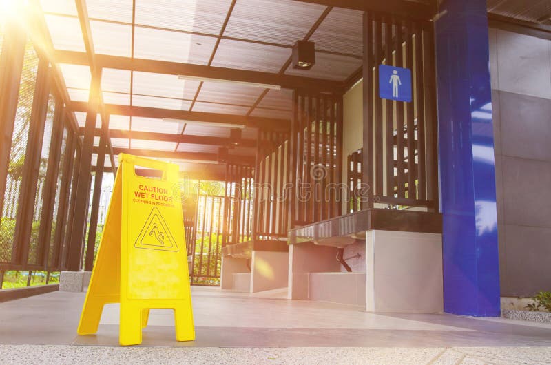 Caution Wet Floor Sign at Toilet Stock Image - Image of risk, accident ...