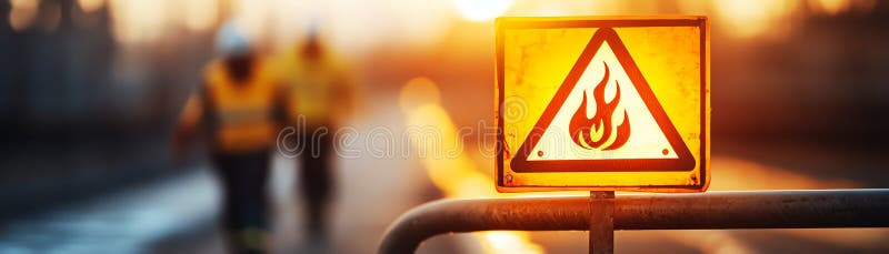 Cautionary Sign Warns of Fire Hazards, Workers in Safety Gear Pass by ...