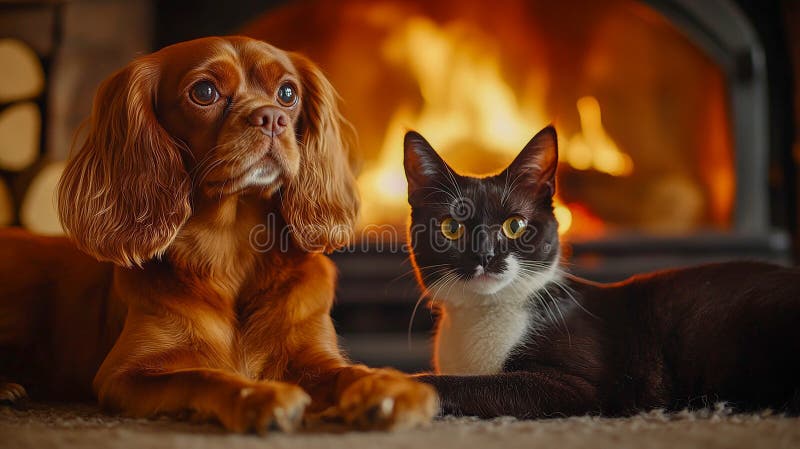 Cavalier King Charles Spaniel and Abyssinian Cat Sitting Together by ...
