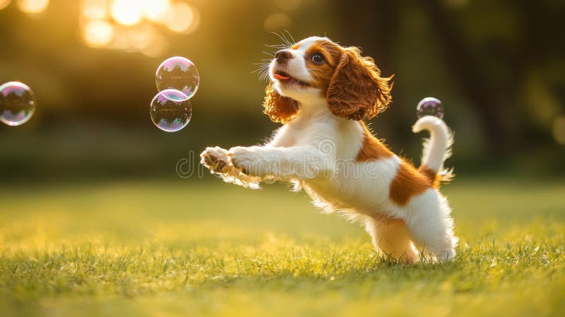 Cavalier King Charles Spaniel Puppy Playing with Bubbles Stock ...