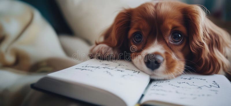 Cavalier King Charles Spaniel Resting on Open Notebook with Handwritten ...