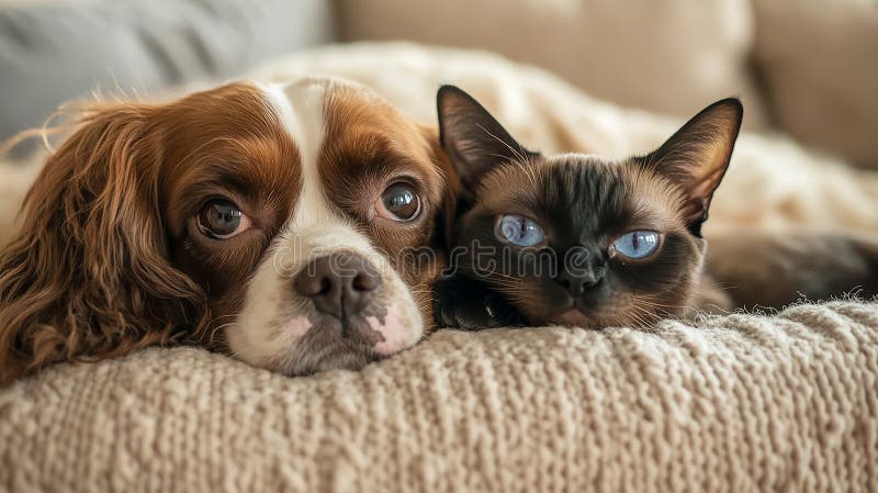 Cavalier King Charles Spaniel and Siamese Cat Lying Together on Soft ...