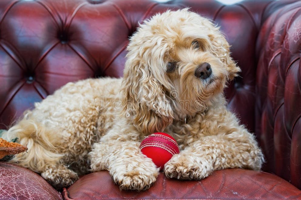 Cavapoo Dog Doing a Head Tilt Whilst Laying on a Red Sofa Stock Photo ...
