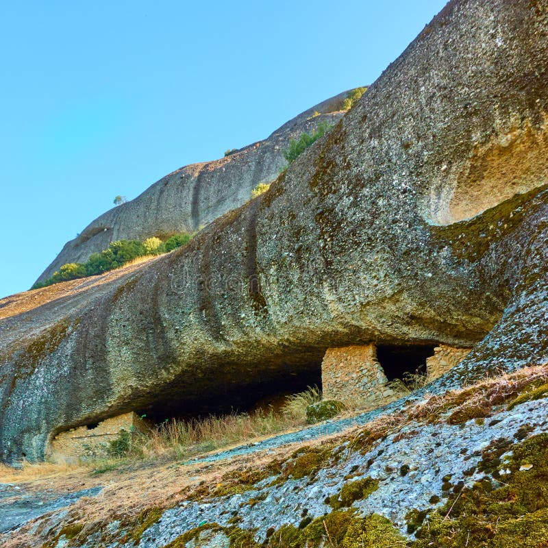 Cave with Abodes of Hermits in Meteora Stock Photo - Image of landmark ...