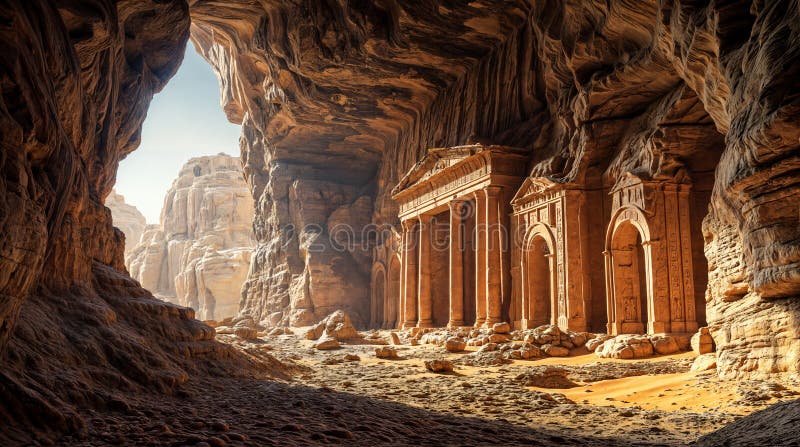 Cave with Ancient Ruins Inside Stock Illustration - Illustration of ...