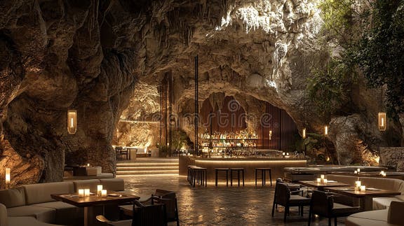 Cave Bar with Illuminated Seating, Bar, Stalactites, and Lush Plants ...