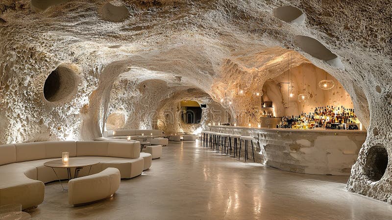 Cave Bar with Lounge Seating, Illuminated Bar, and Unique Rock ...