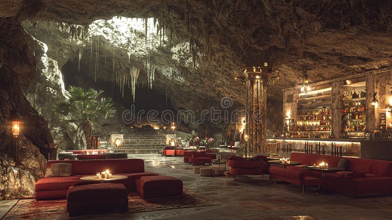 Cave Bar Lounge with Stalactites, Illuminated, Patrons Relaxing Stock ...