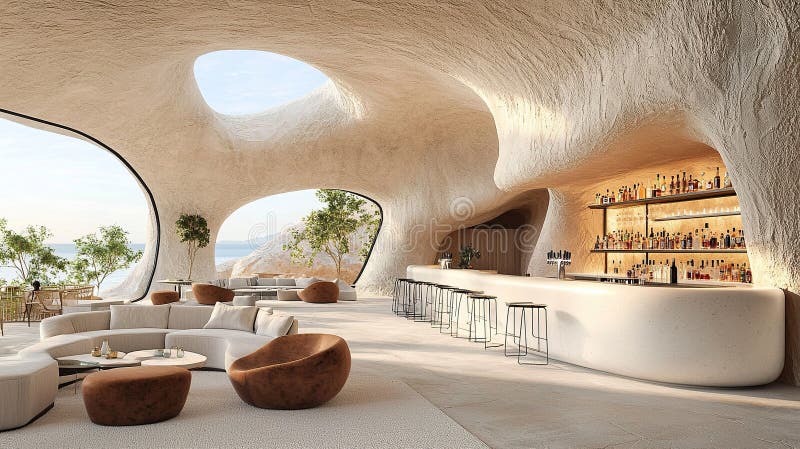 Cave Bar with Ocean View, Lounge Area, Coastal Hills Backdrop Stock ...