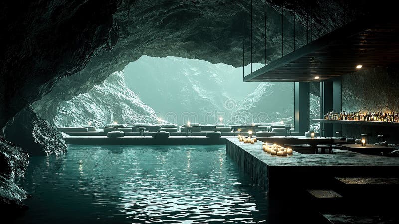 Cave Bar with Pool, Misty Canyon View, Evening Ambiance Stock Photo ...