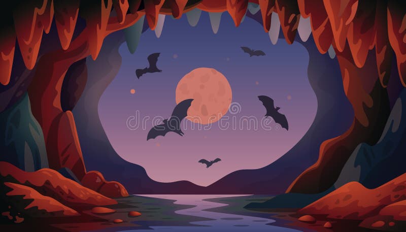 Cave with Bats. Night Panoramic Vector Landscape with Flying Bats and ...