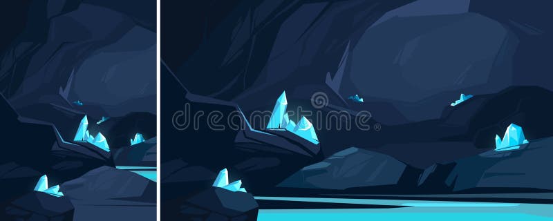 Cave with blue crystals. stock vector. Illustration of scene - 258865731