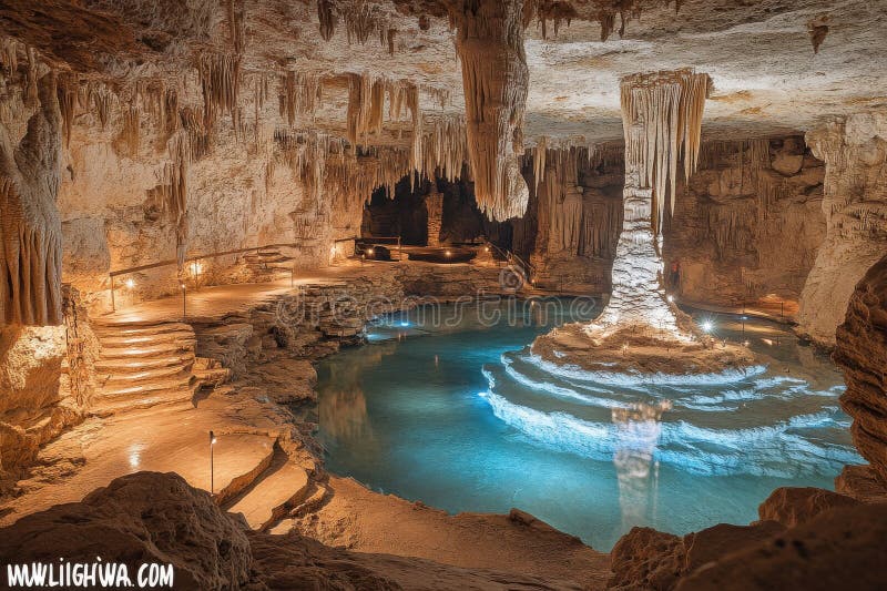 A Cave with a Blue Pool in the Middle Stock Photo - Image of inside ...