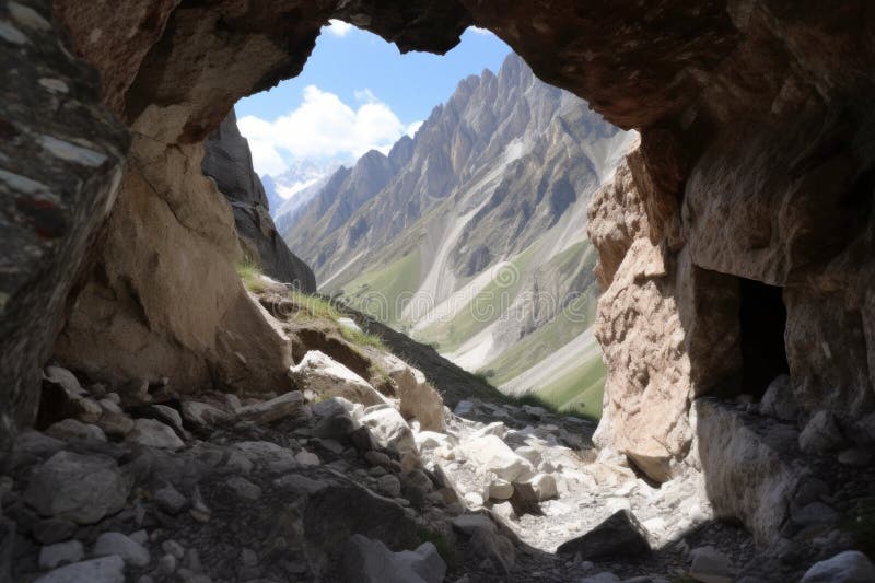Cave with Broken Walls and Debris from Rockfall, Surrounded by Towering ...