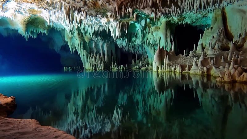 A Cave with a Crystal Clear Lake Inside, with Reflections of ...