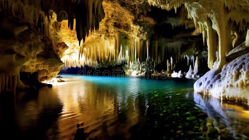 A Cave with a Crystal Clear Lake Inside, with Reflections of ...