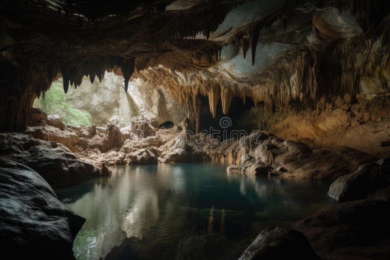 Cave with Crystal-clear Pool of Water, Surrounded by Spelunking ...