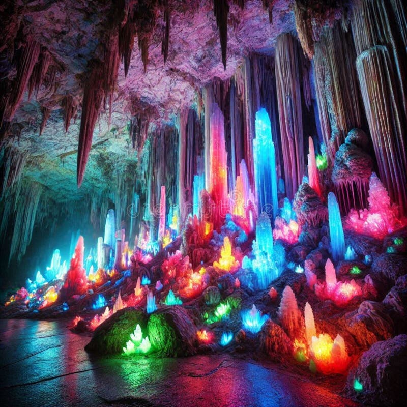 A Cave with Crystals Growing on Every Surface, Glowing in Vibrant ...