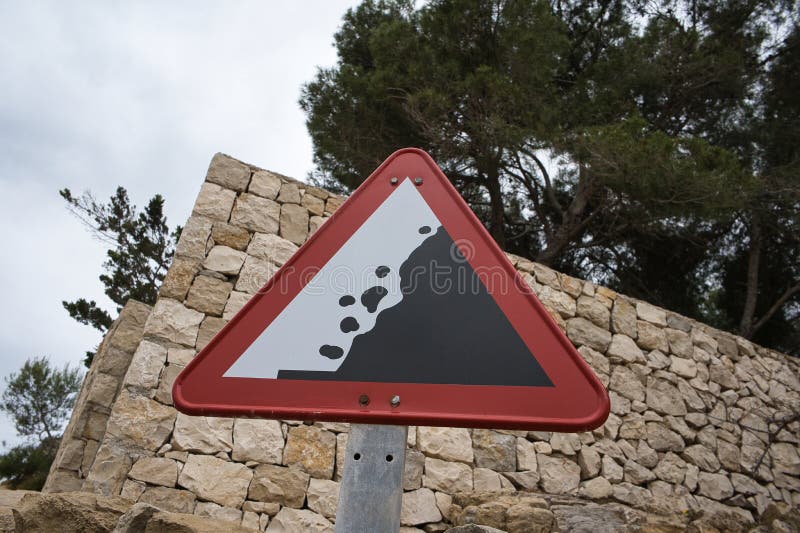 Cave-in Danger Sign with Stones and Trees Behind Stock Photo - Image of ...