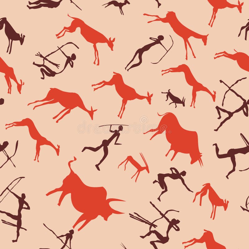 Cave Drawing Pattern with Prehistorical Hunters Stock Vector ...