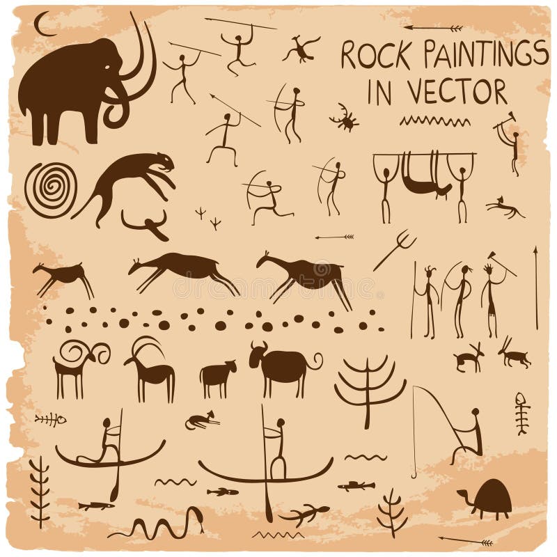 Cave Painting Hunters and Animals. Stock Vector - Illustration of goat ...
