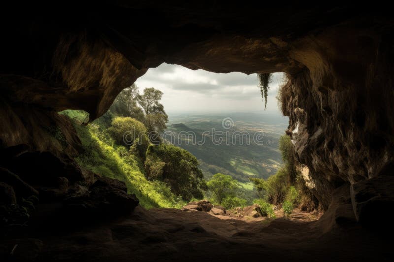 Cave with Dripping Water, and View of the Valley Below Stock ...