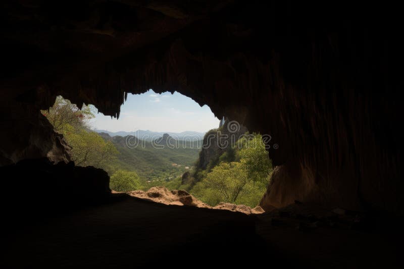 Cave with Dripping Water, and View of the Valley Below Stock ...