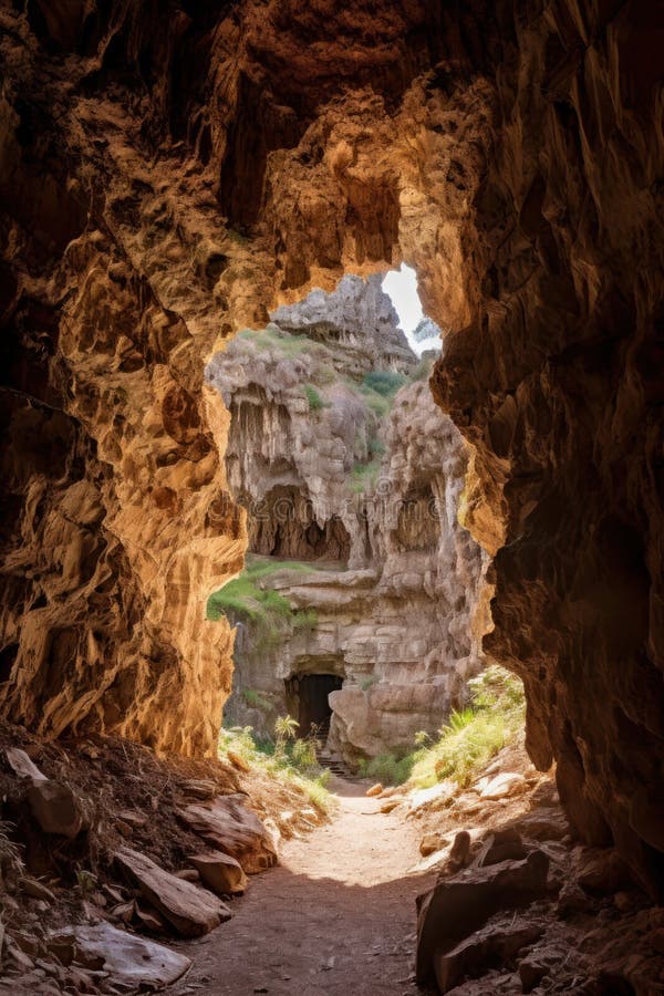 A Cave Entrance with a Doorway and a Path Leading To the Sky Stock ...