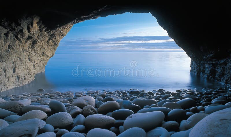 Cave Entrance Overlooking Tranquil Sea, Smooth Pebbles, Soft Light ...