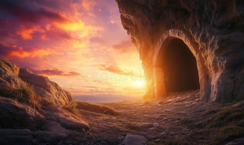 Cave Entrance at Sunset with Dramatic Sky and Natural Landscape Stock ...
