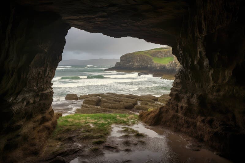 Cave Entrance, with View of the Ocean and Distant Cliffs Visible ...