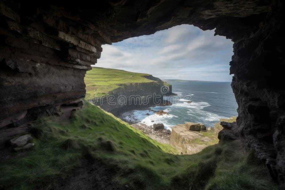 Cave Entrance, with View of the Ocean and Distant Cliffs Visible ...