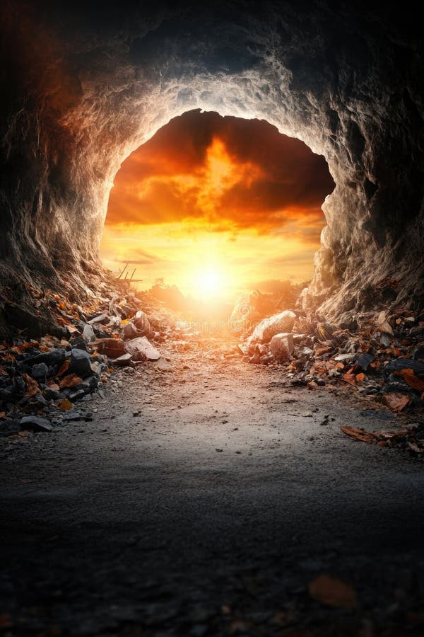 Cave Exit with Dramatic Sunset and Rocky Terrain Stock Photo - Image of ...