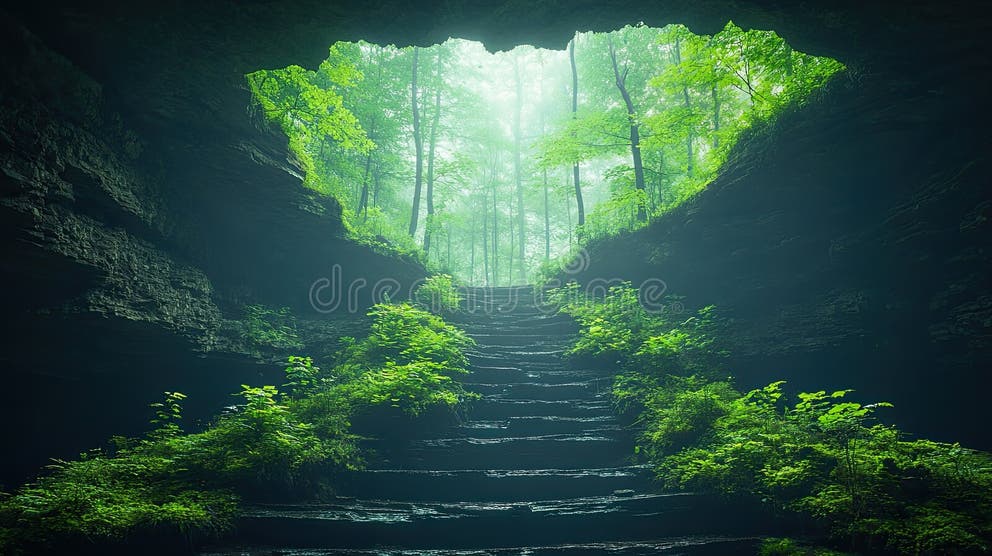 Cave Exit Stairs, Forest, Sunlight, Lush Greenery, Adventure Stock ...