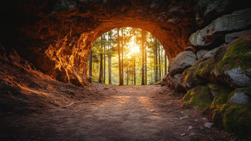 Cave Exit Sunset Forest Path Nature Exploration Stock Illustration ...