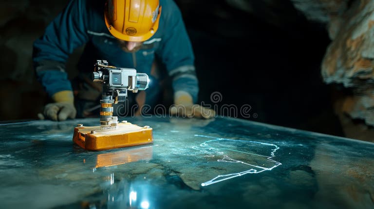 Cave Exploration Technology Worker Examines a Cave Map Hightech Device ...