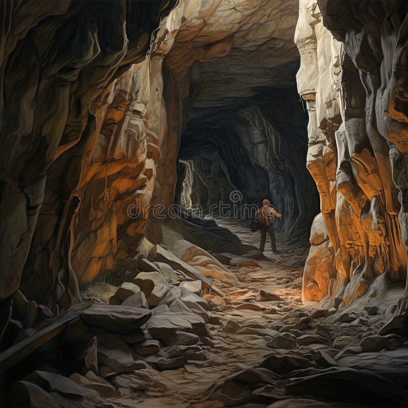 Cave Explorer with a Backpack Walking through a Dark Cave with a Stream ...
