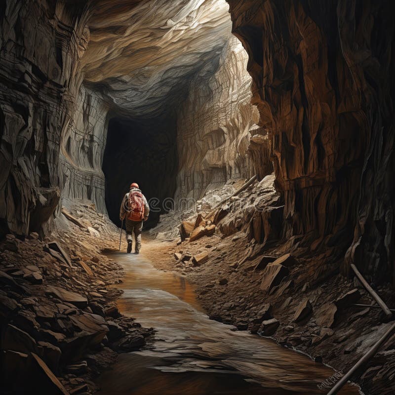 Cave Explorer with a Backpack Walking through a Dark Cave with a Stream ...