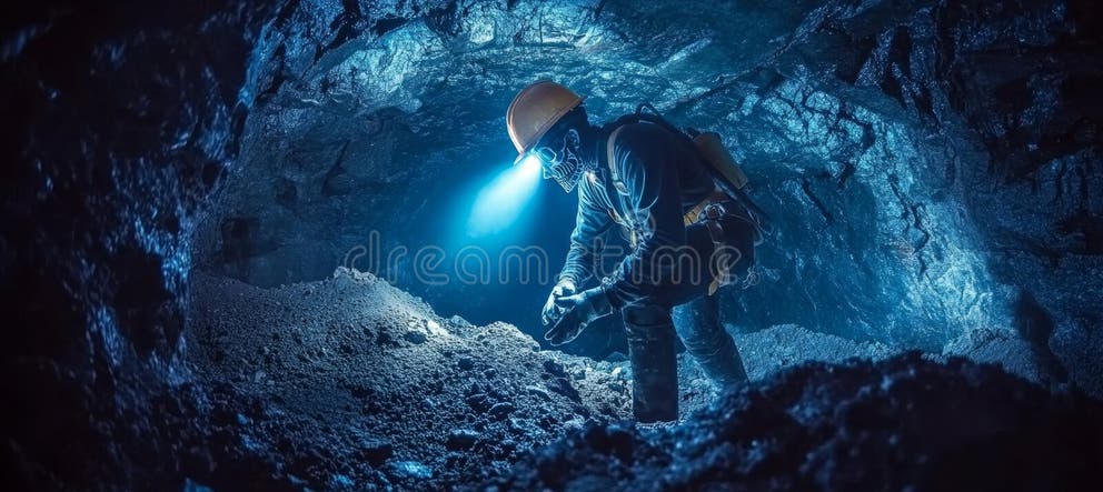 Cave Explorer with Headlamp Examining Rocks Deep Underground in Dark Cavern, Exploration Concept ...